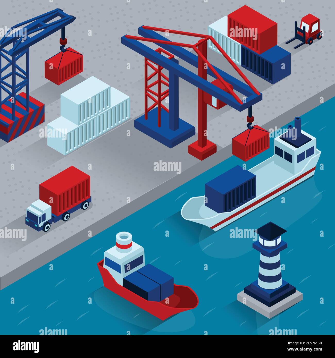 Seaport cargo loading isometric concept with working port facilities ...