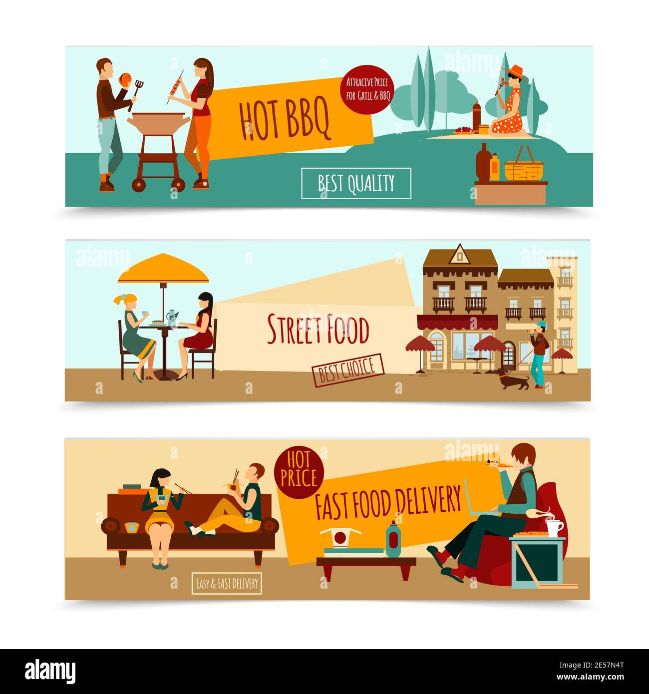 Eating people horizontal banner set with street food bbq isolated ...