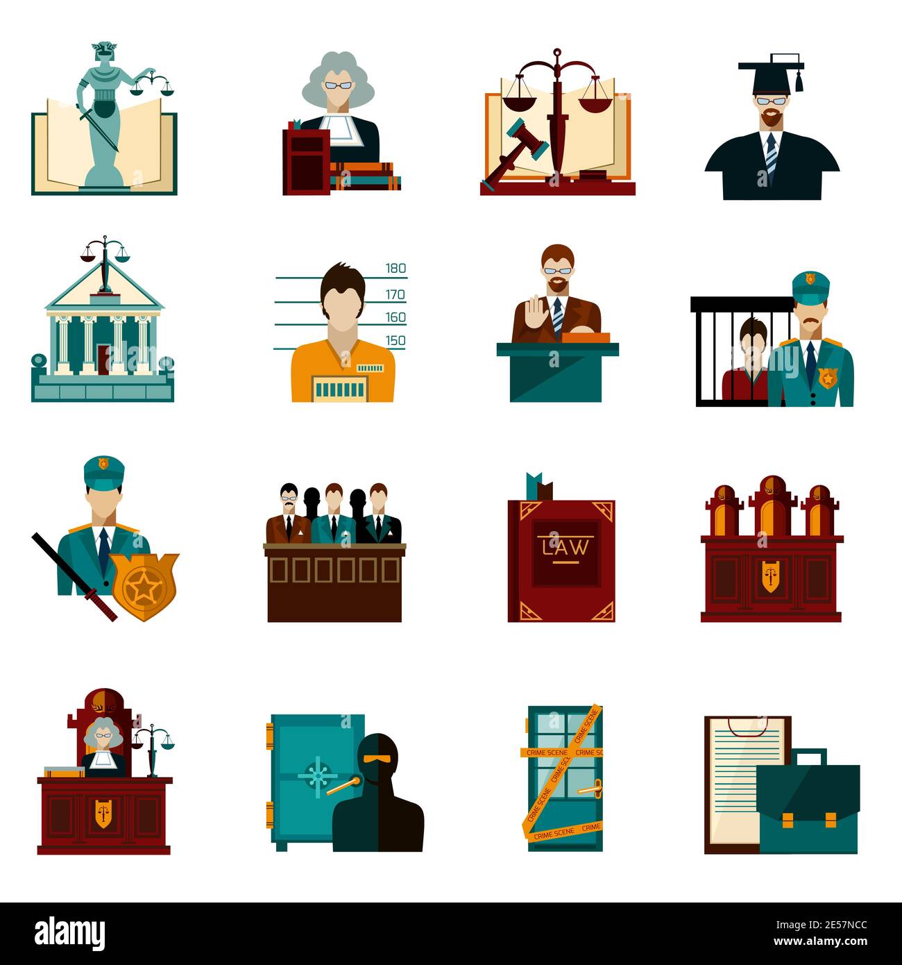 Law Crime And Punishment Flat Icons Set Isolated Vector Illustration