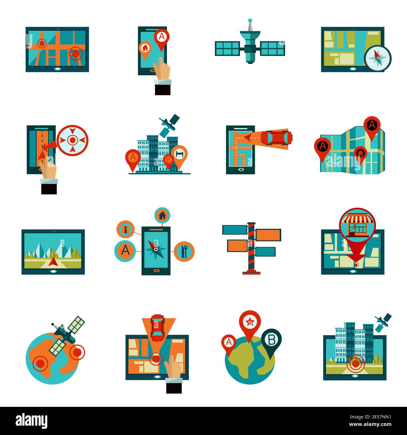 GPS navigation and satellite route search icons set isolated vector ...