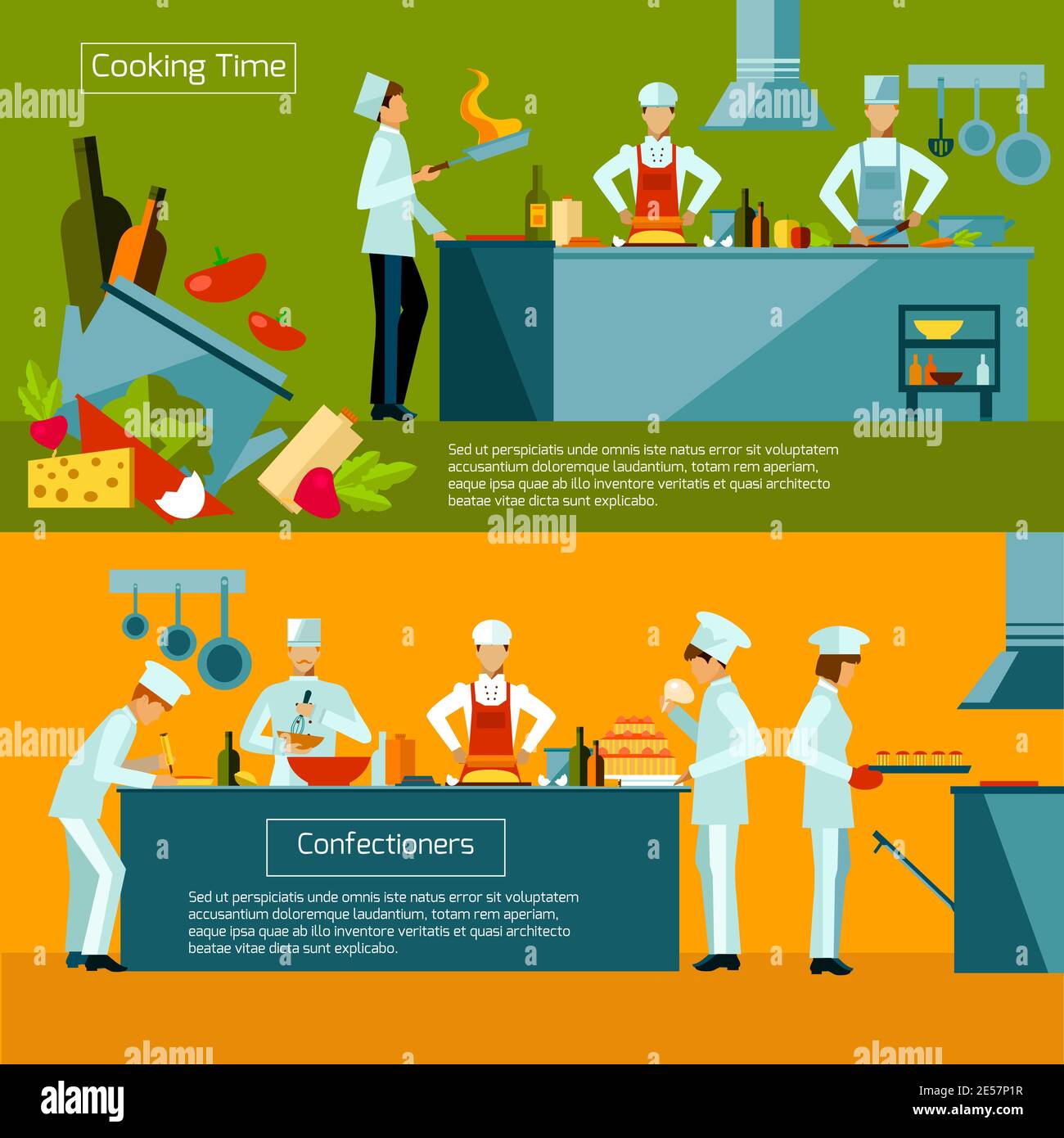 Cooking horizontal banner set with restaurant chef and assistant ...