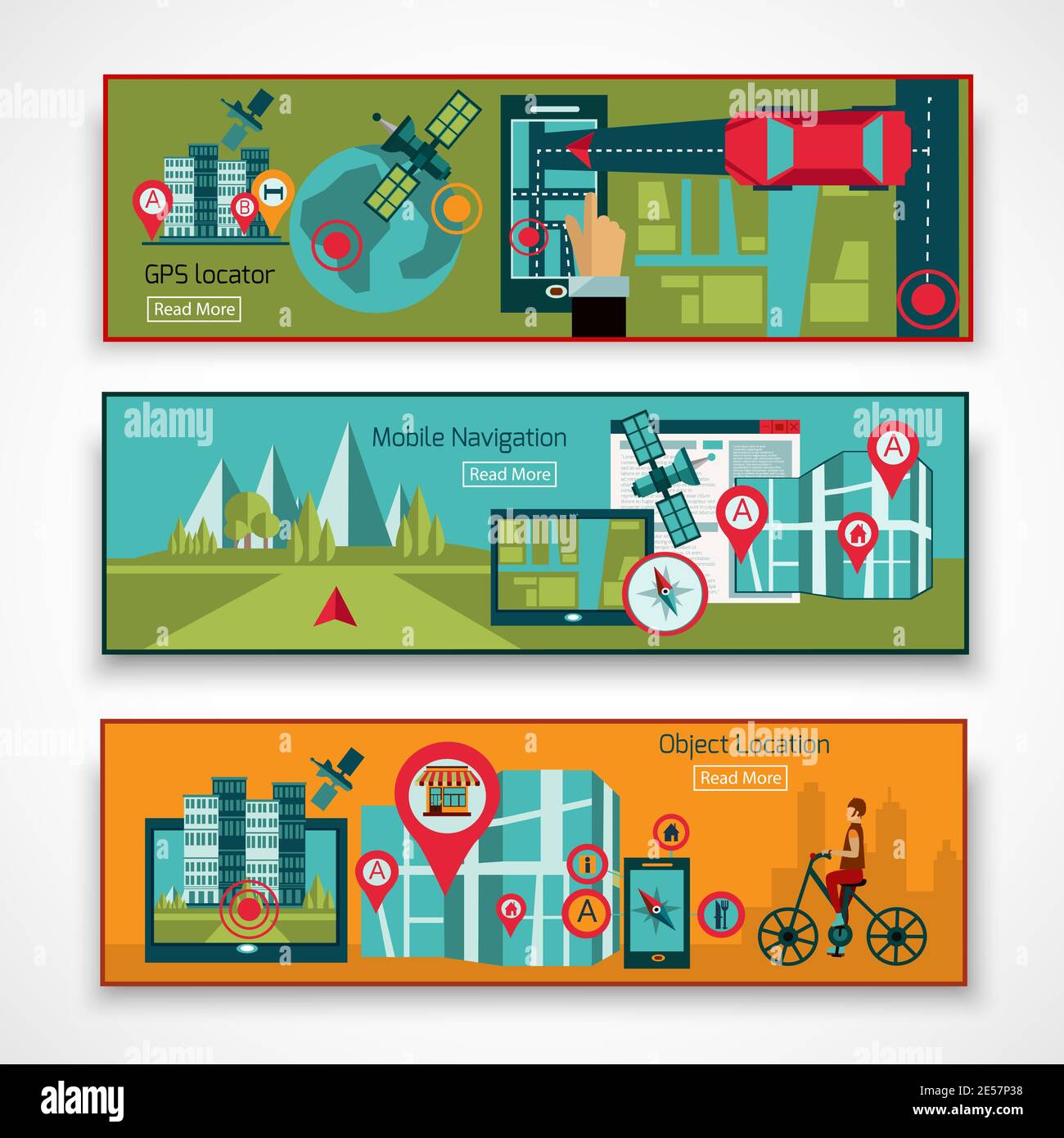 GPS navigation horizontal banner set with mobile object location ...