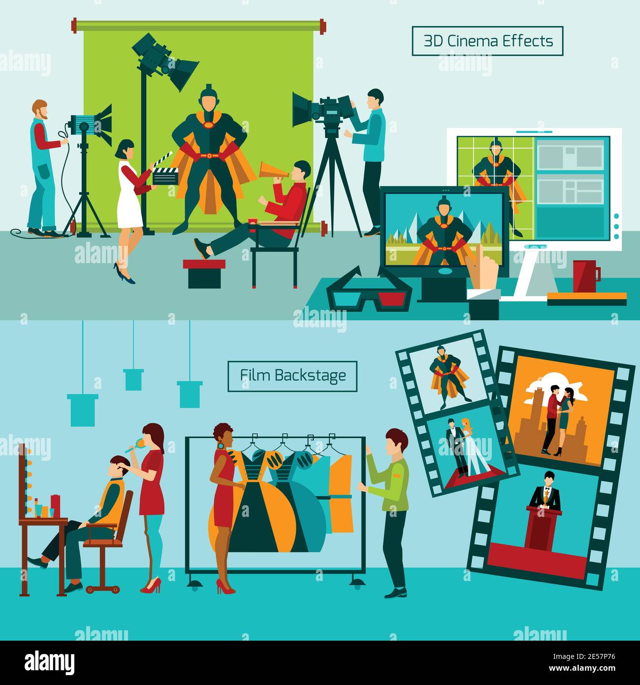 Cinema people horizontal banner set with film backstage elements ...