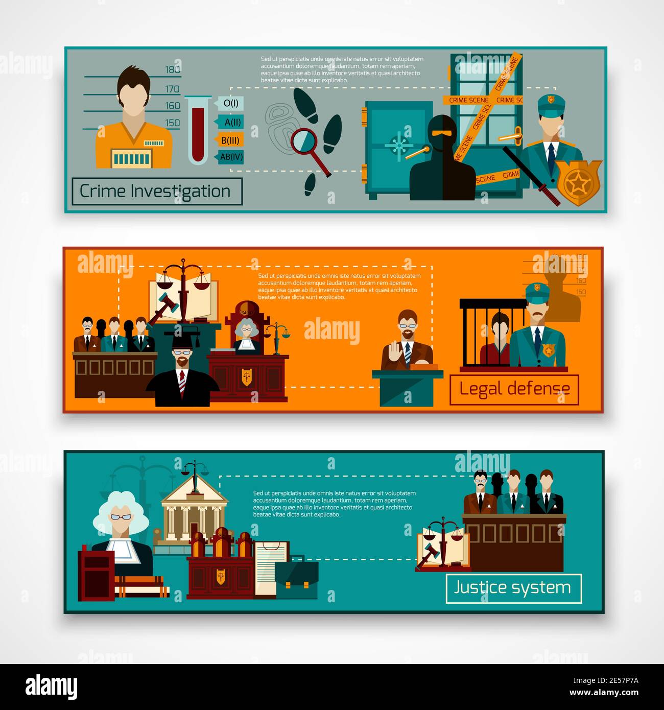 Law horizontal banner set with crime investigation elements isolated ...