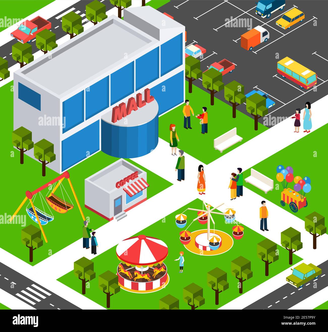 City shopping mall building area with parking lot and playground street ...