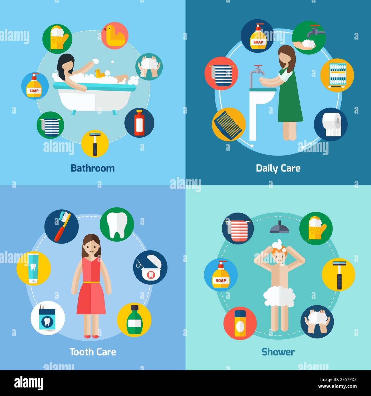 Personal hygiene 4 flat icons square composition banner with shower and ...