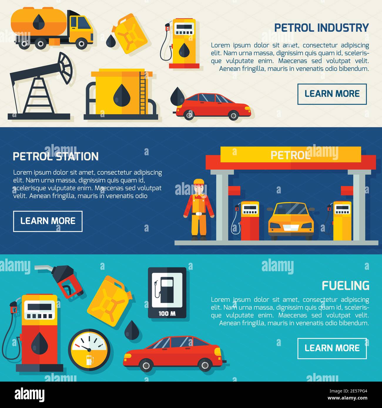 Gasoline petrol fuel and motor oil station flat banners set with ...