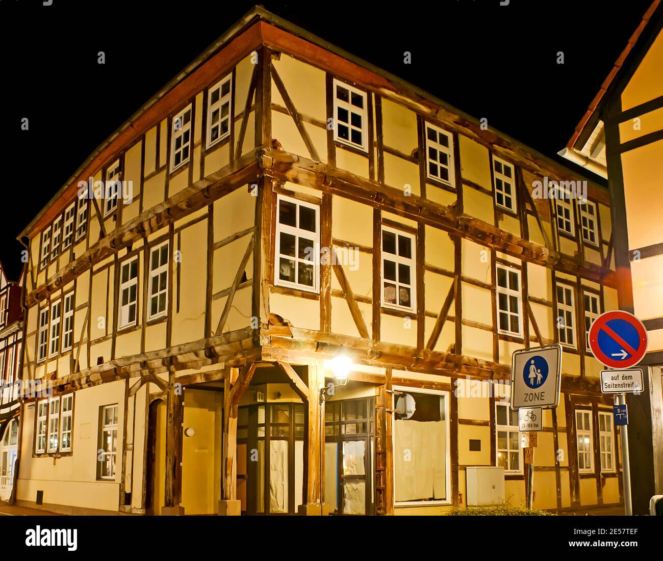 The corner of medieval half-timbered house, located in old town of ...