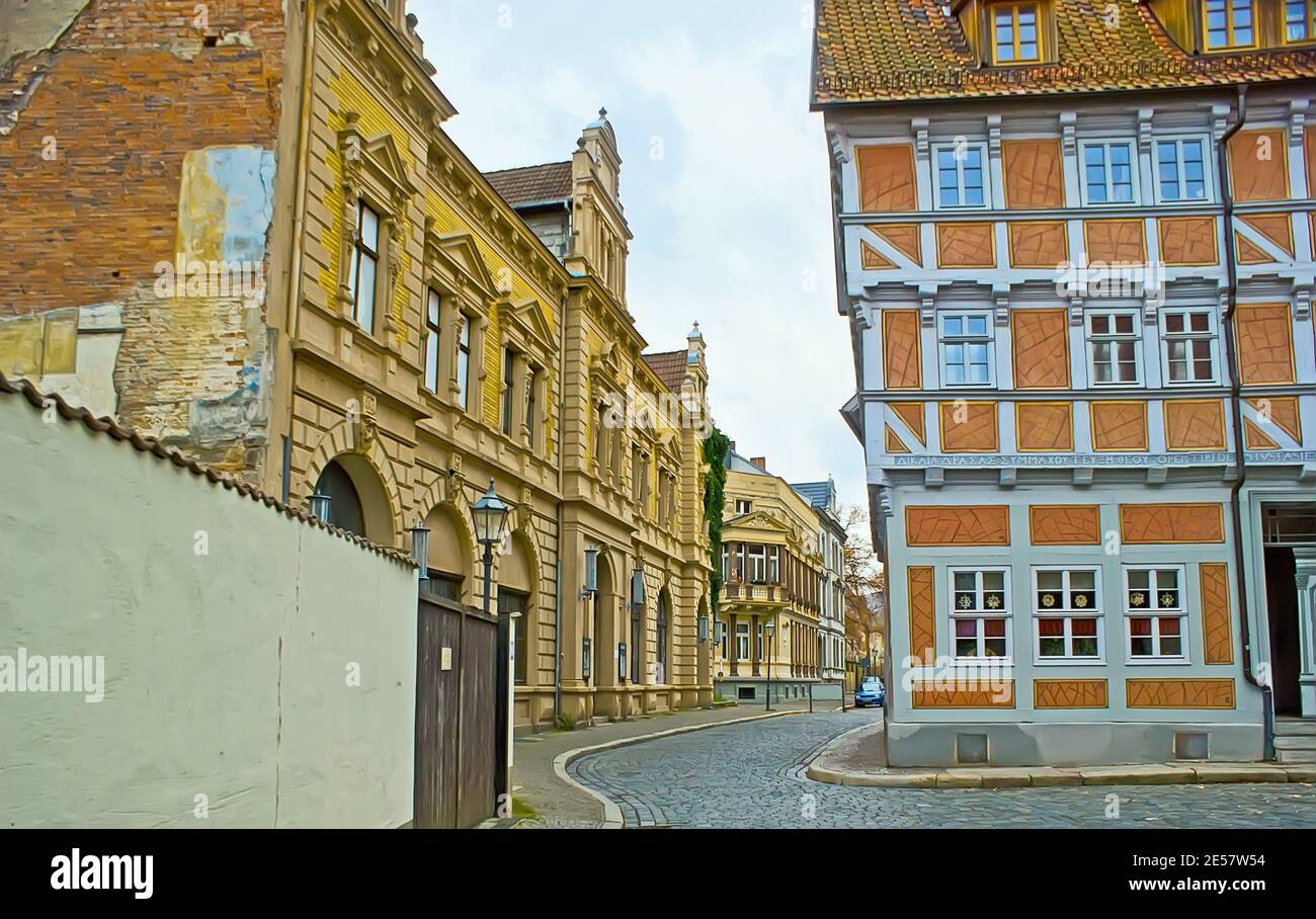 The scenic historic edifices in medieval Polle quarter of Quedlinburg ...