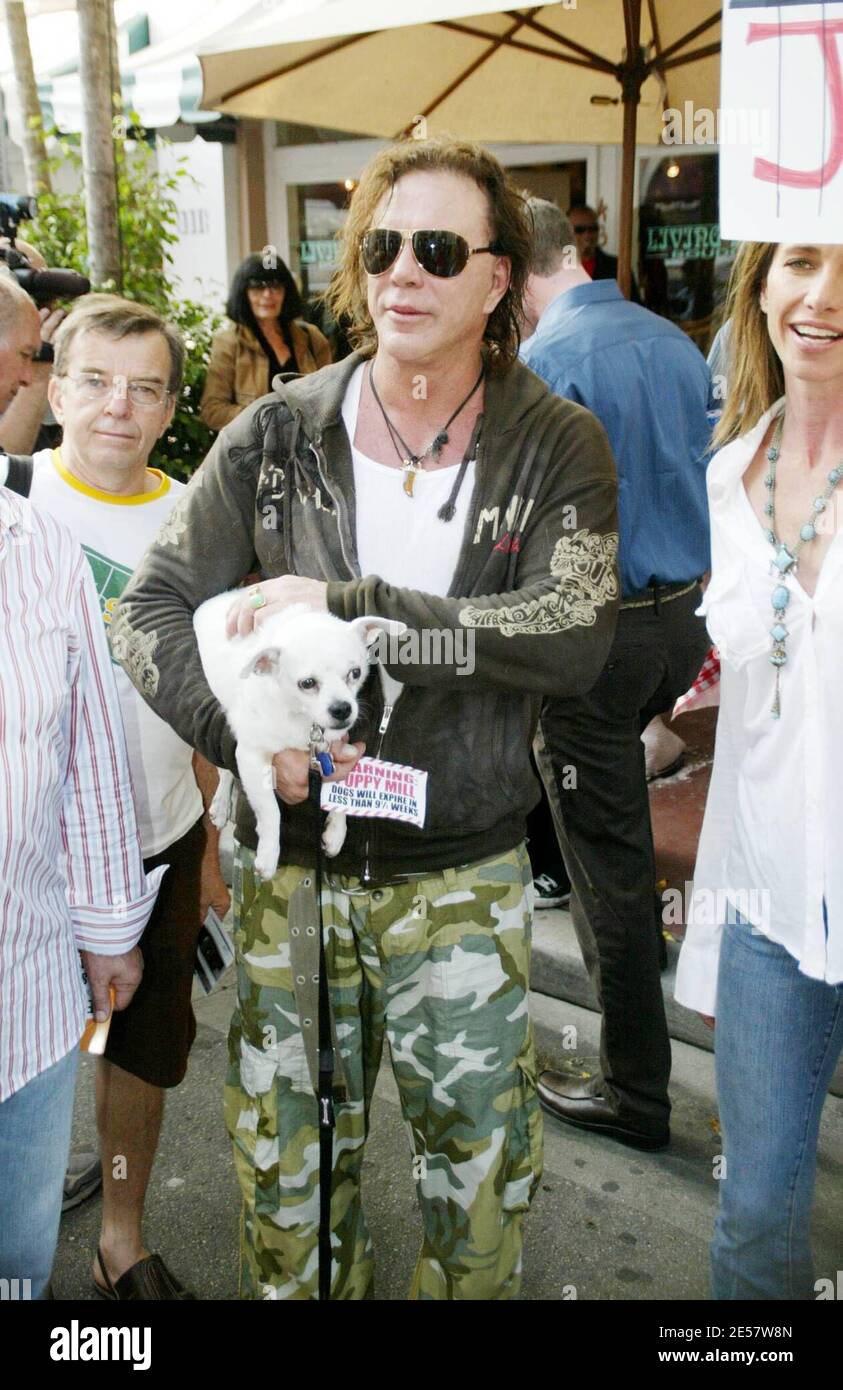 Mickey Rourke leads a rally outside Hot Dog Puppies in South Beach, Fl ...