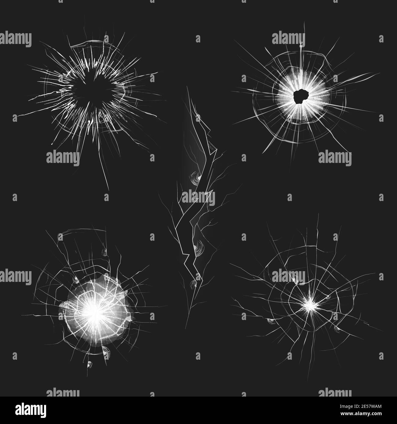 Set of glass crack with different types of damage on black background ...