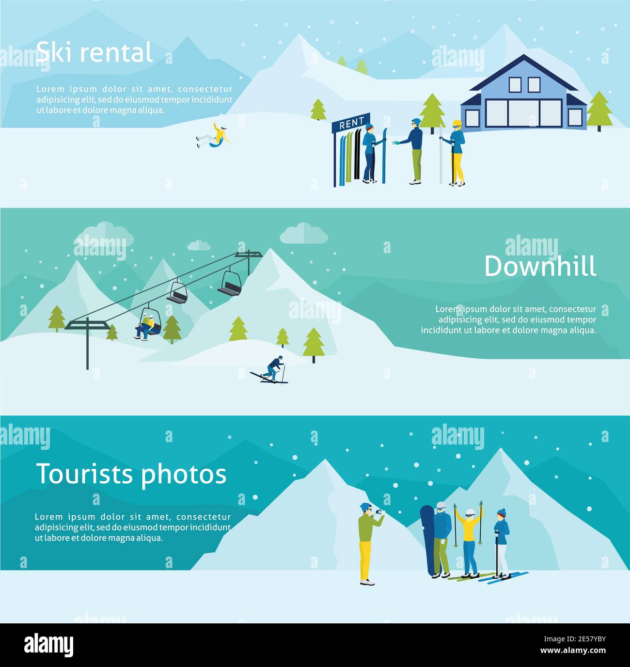 Ski resort horizontal banner set with people with sport equipment ...