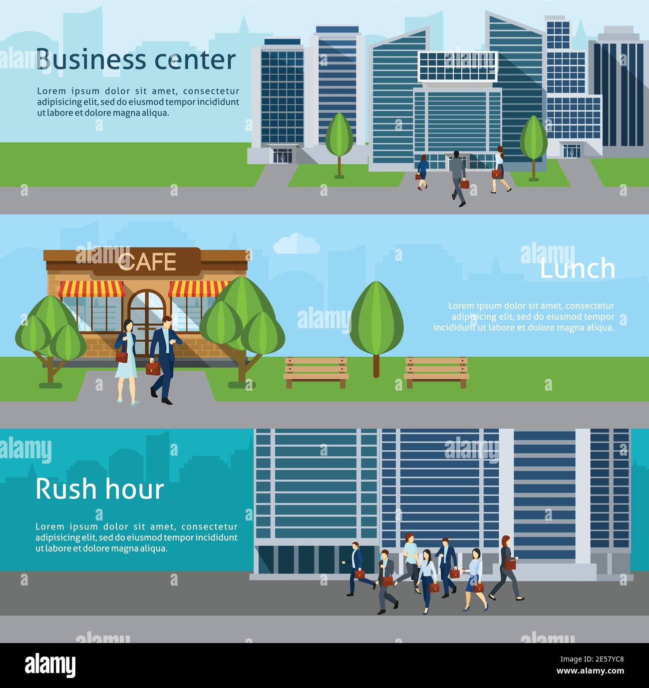 People go to work horizontal banner set with business center elements ...