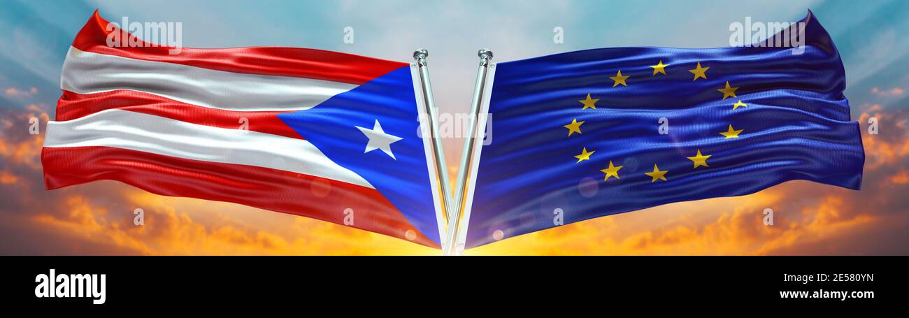 European Union Flag and Puerto Rico flag waving with texture sky Cloud ...