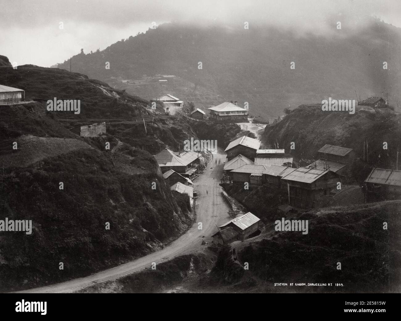 19th century vintage photograph: train station at Ghoom, Darjeeling ...