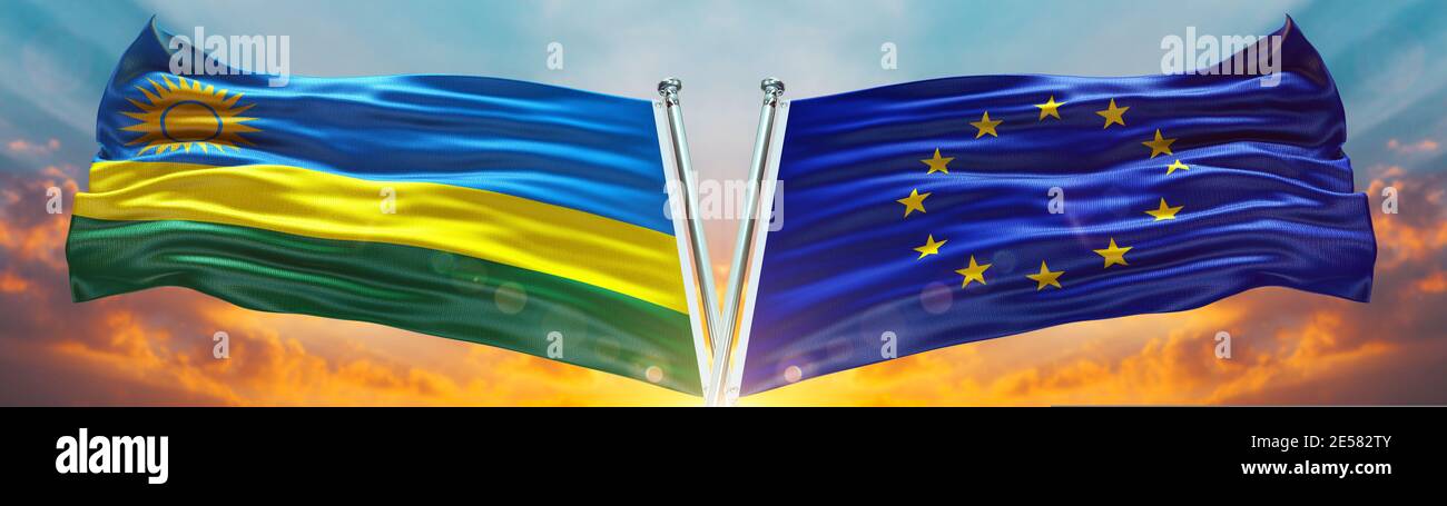 European Union Flag and Rwanda flag waving with texture sky Cloud and ...