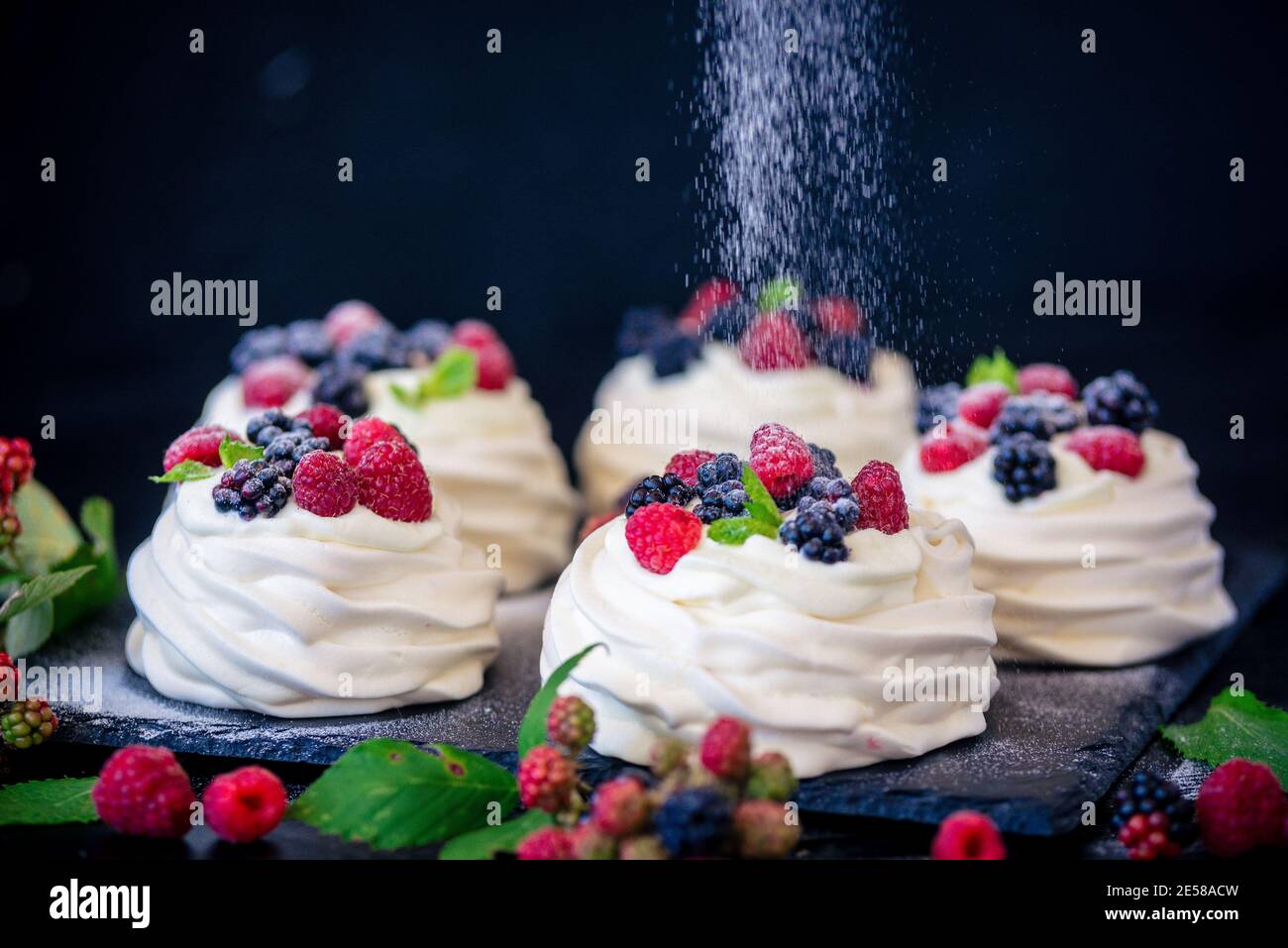 Homemade meringue basis for cake Pavlova with fresh blueberries and ...
