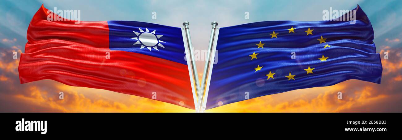 European Union Flag and Taiwan flag waving with texture sky Cloud and ...