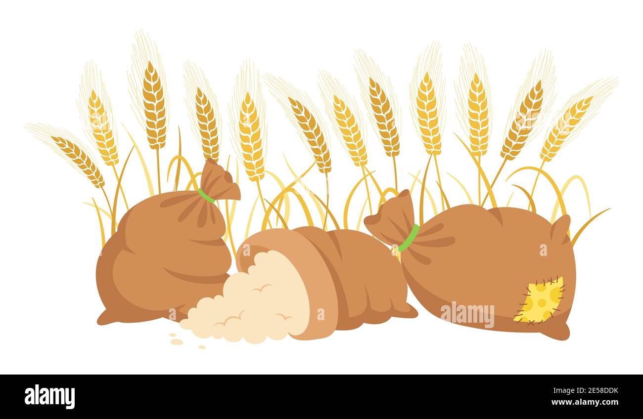 Bag flour and wheat ears, cartoon composition. Heap flour, gold grain ...