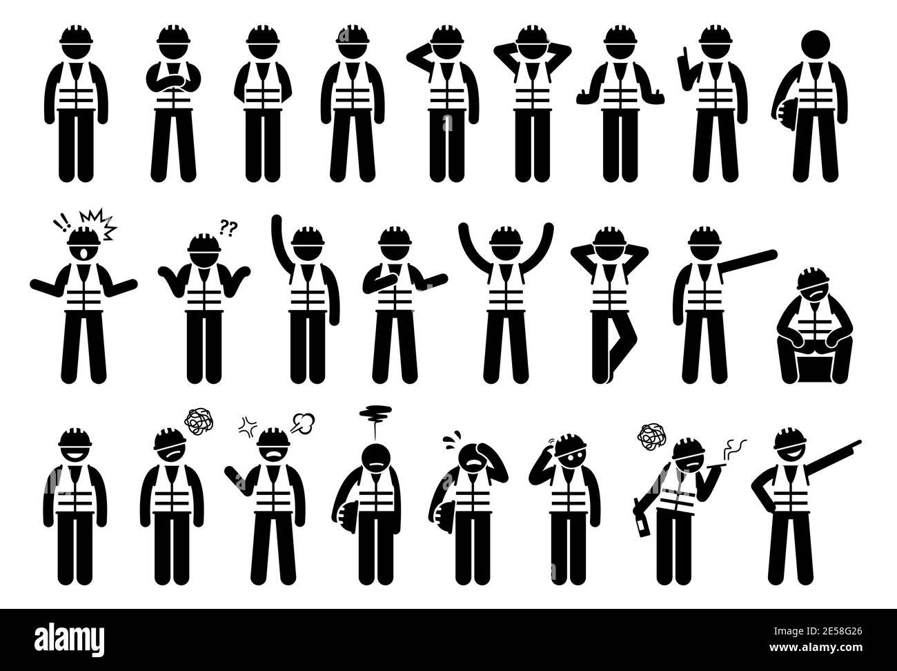 Industrial workers feelings, emotions, and actions icons set. Vector ...