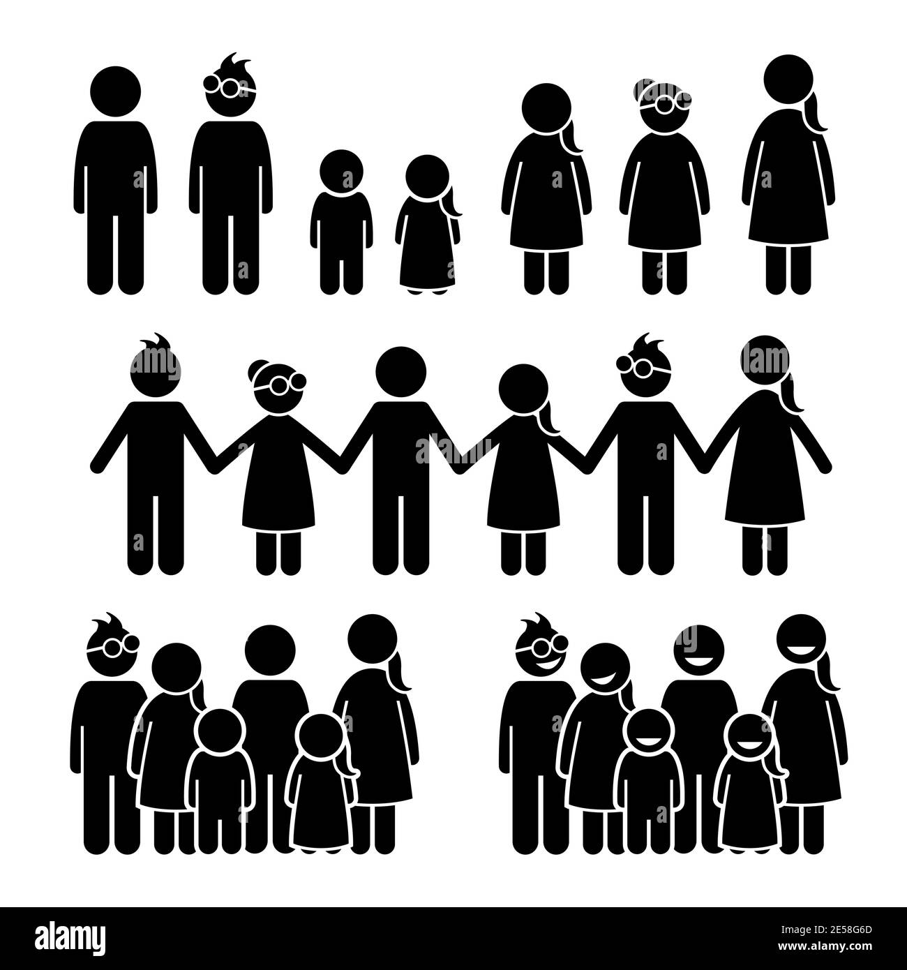 Happy children together stick figures icons. Vector illustrations ...