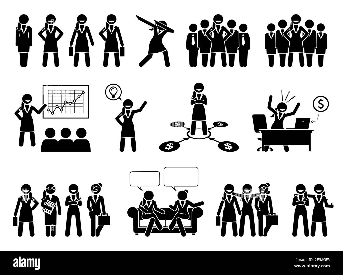 Professional businesswoman or business lady stick figures pictogram ...