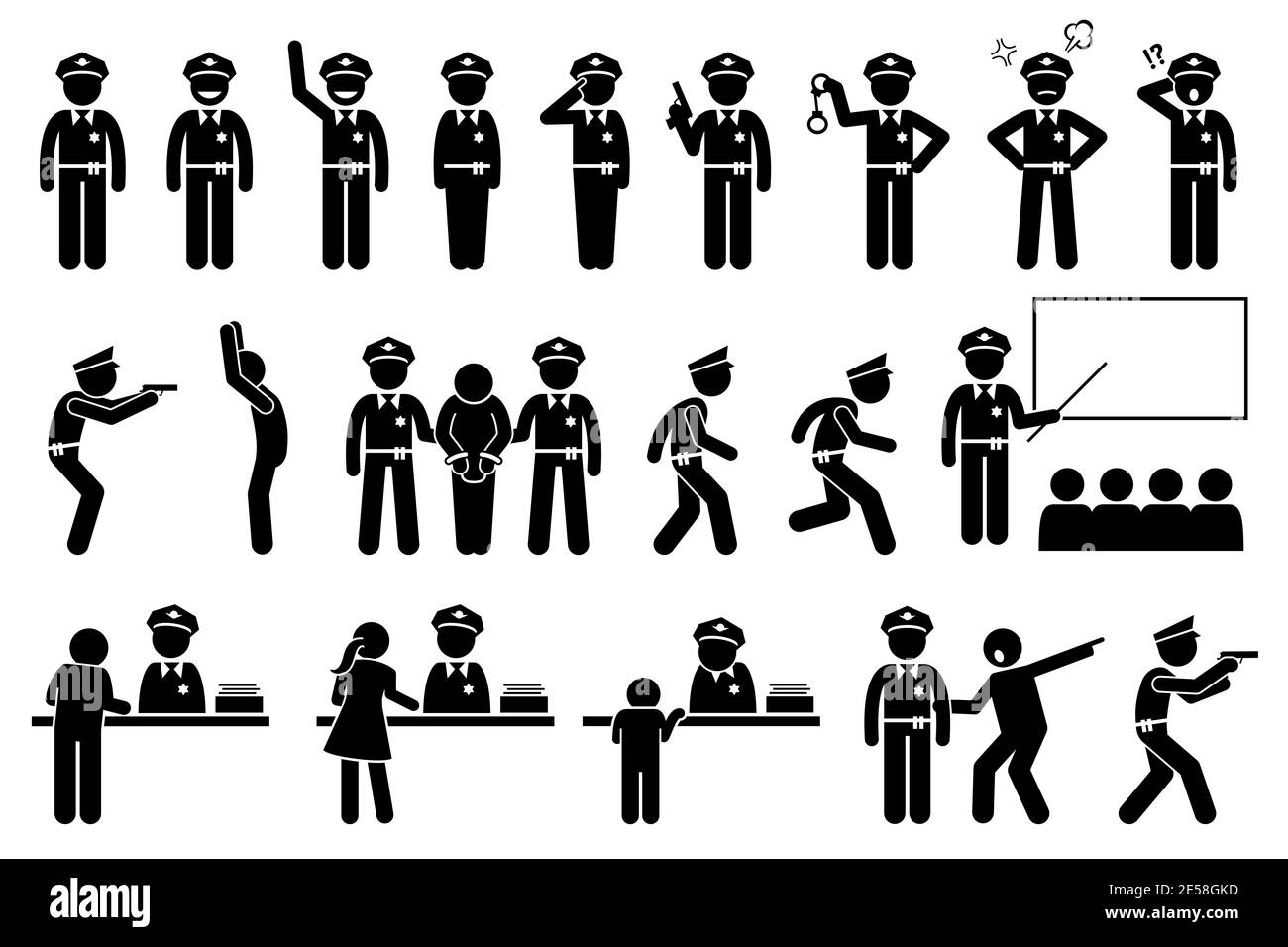 Police Officer Or Policeman Poses And Actions Vector Illustrations Of