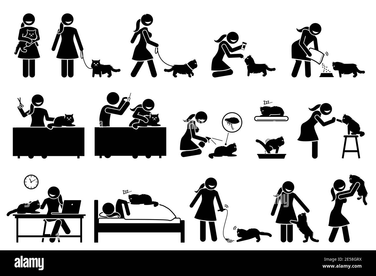Woman with Persian cat pet stick figures. Vector illustrations of a ...