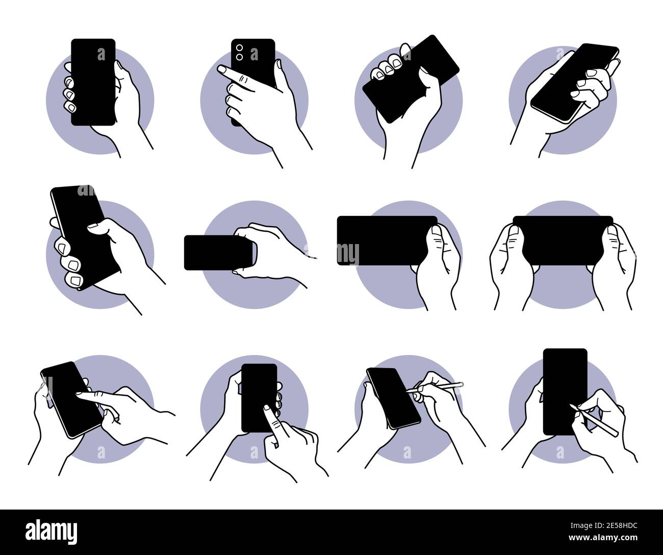 Hand holding and using smart phone with black blank screen icon set ...