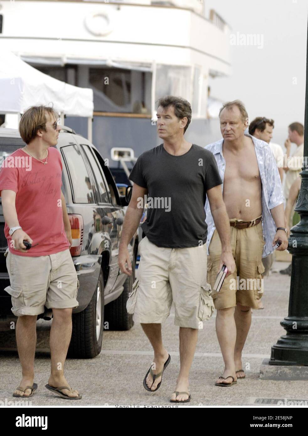 Actor Pierce Brosnan takes a break from filming "Mama Mia" with Tom ...