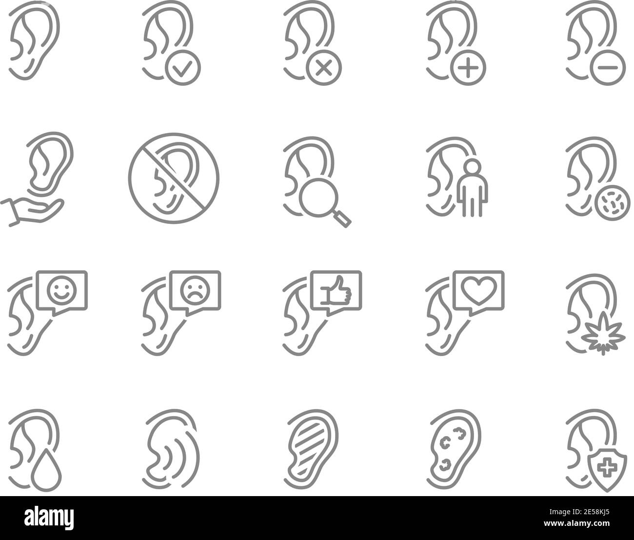 Set of human ear line icon. Healthy organ, organ of hearing illness ...