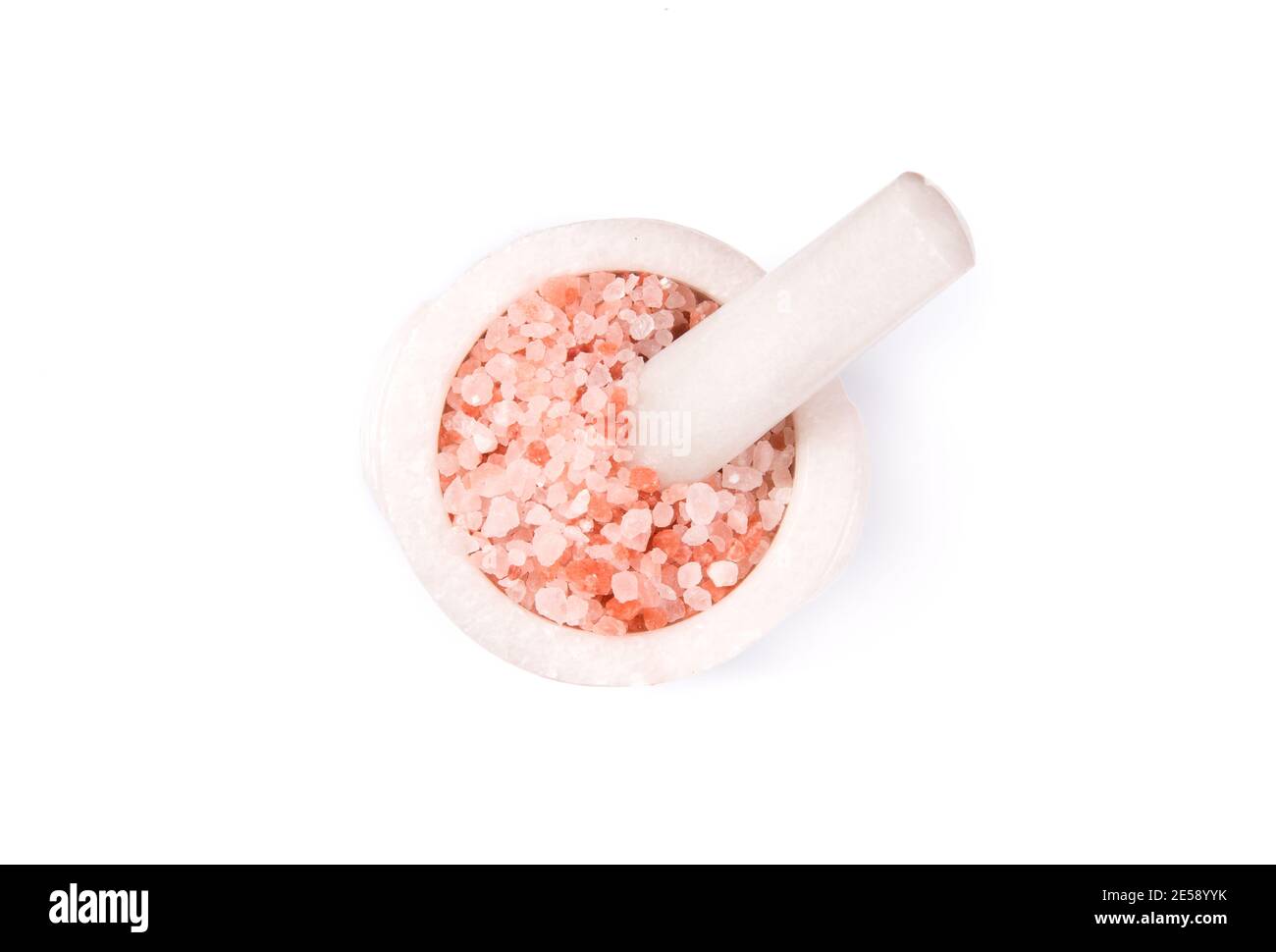 Himalayan pink salt in white marble mortar isolated on white sack ...