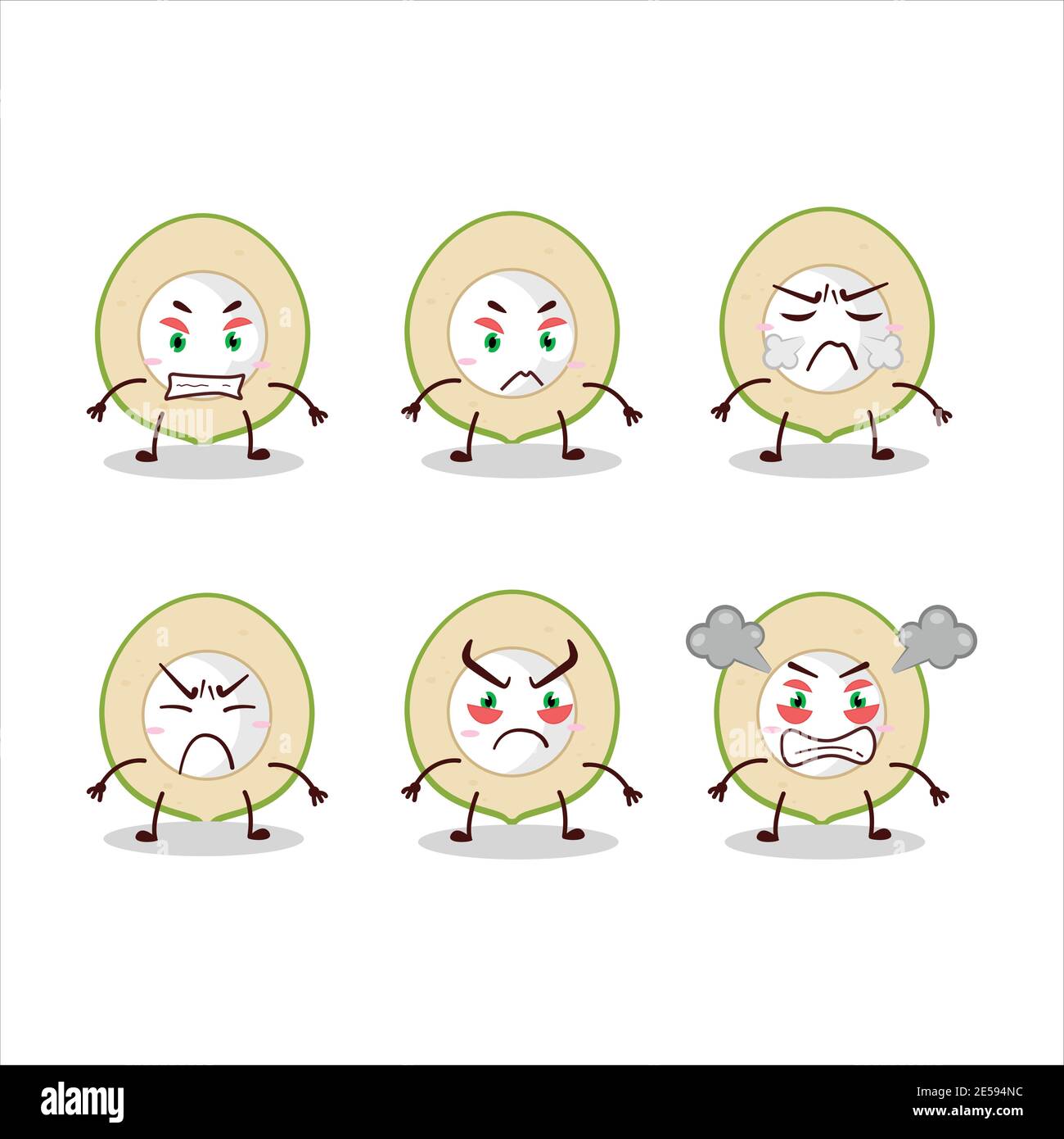 Slice of green coconut cartoon character with various angry expressions ...