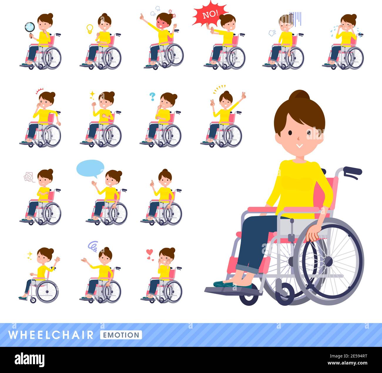 A set of women in a wheelchair.It depicts emotions such as laughter ...