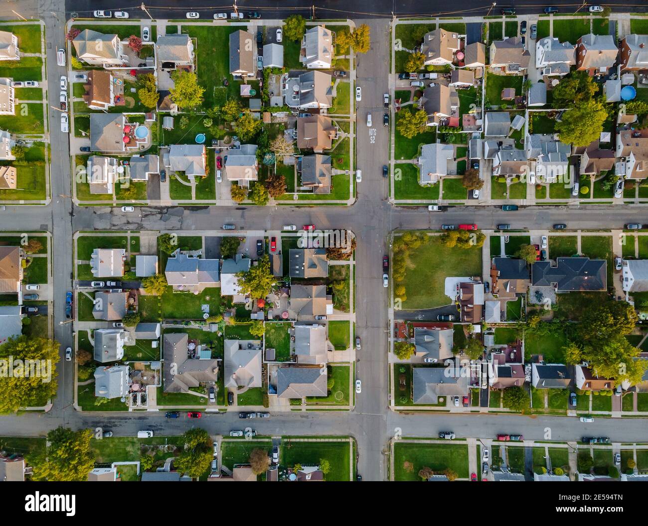 Scenic seasonal landscape from above aerial view of a small town in ...