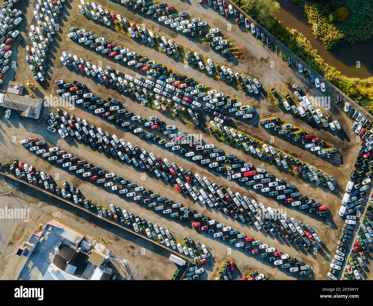 Aerial top view of used car auction for sale a parking lot business ...