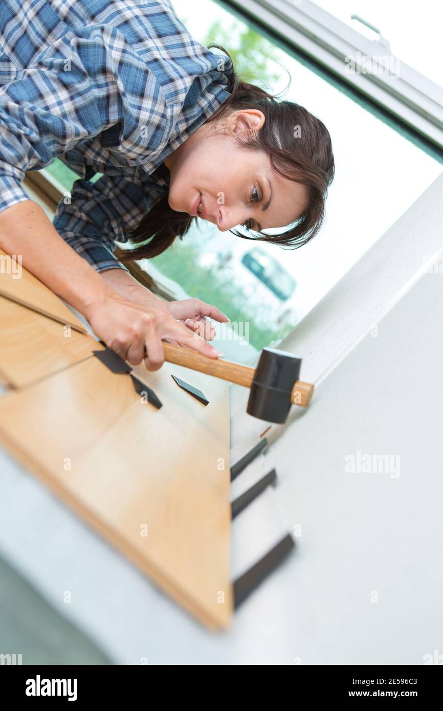 pretty female carpenter using wood hammer for wood Stock Photo - Alamy