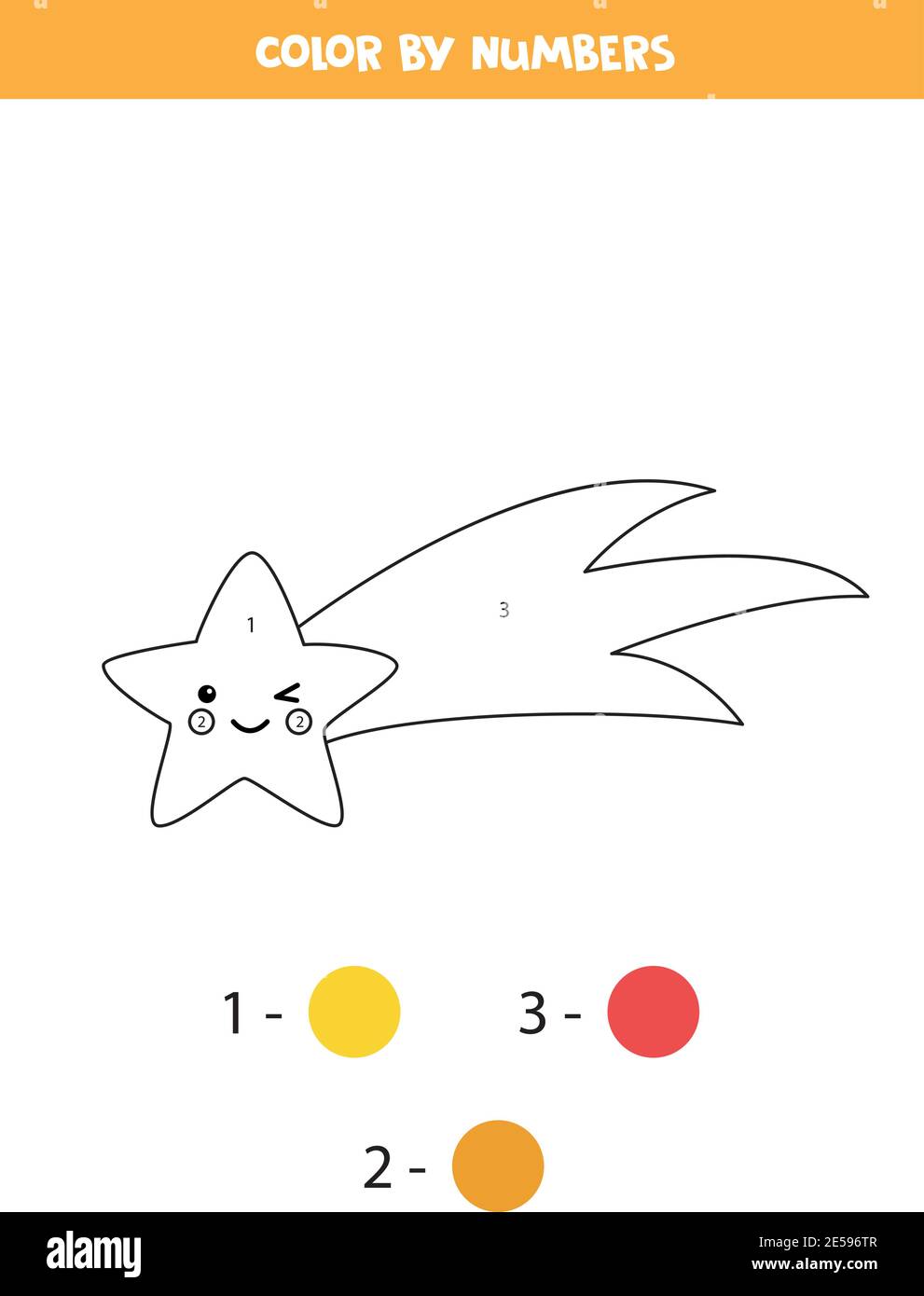 Coloring page with cute kawaii falling star. Color by numbers. Math ...