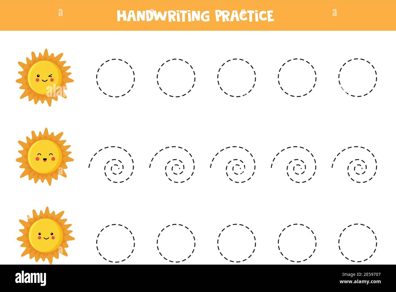 Tracing lines for kids with cute kawaii Sun. Handwriting practice for ...