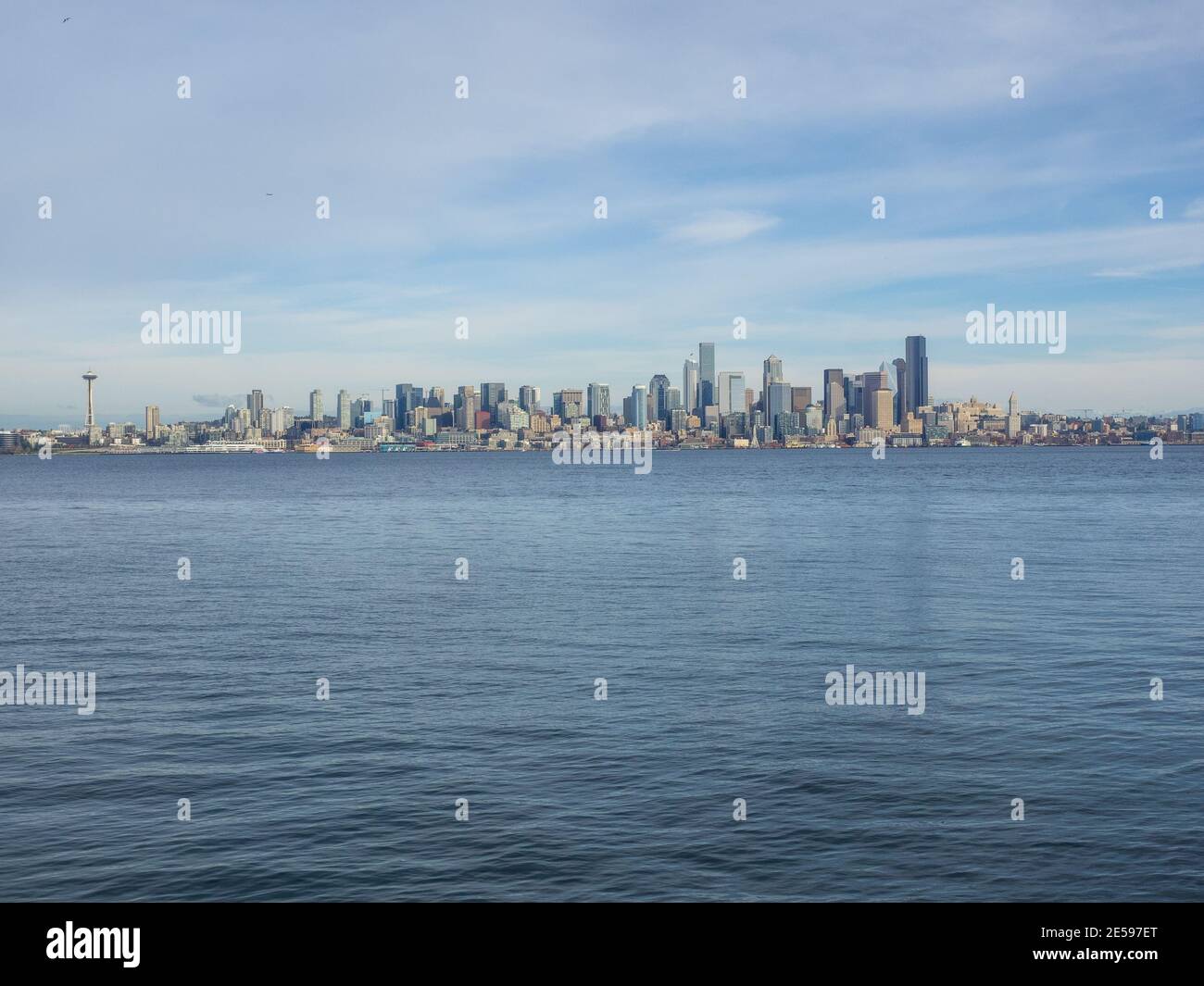 Seattle's waterfront viewed across Puget Sound from Alki Beach Park ...