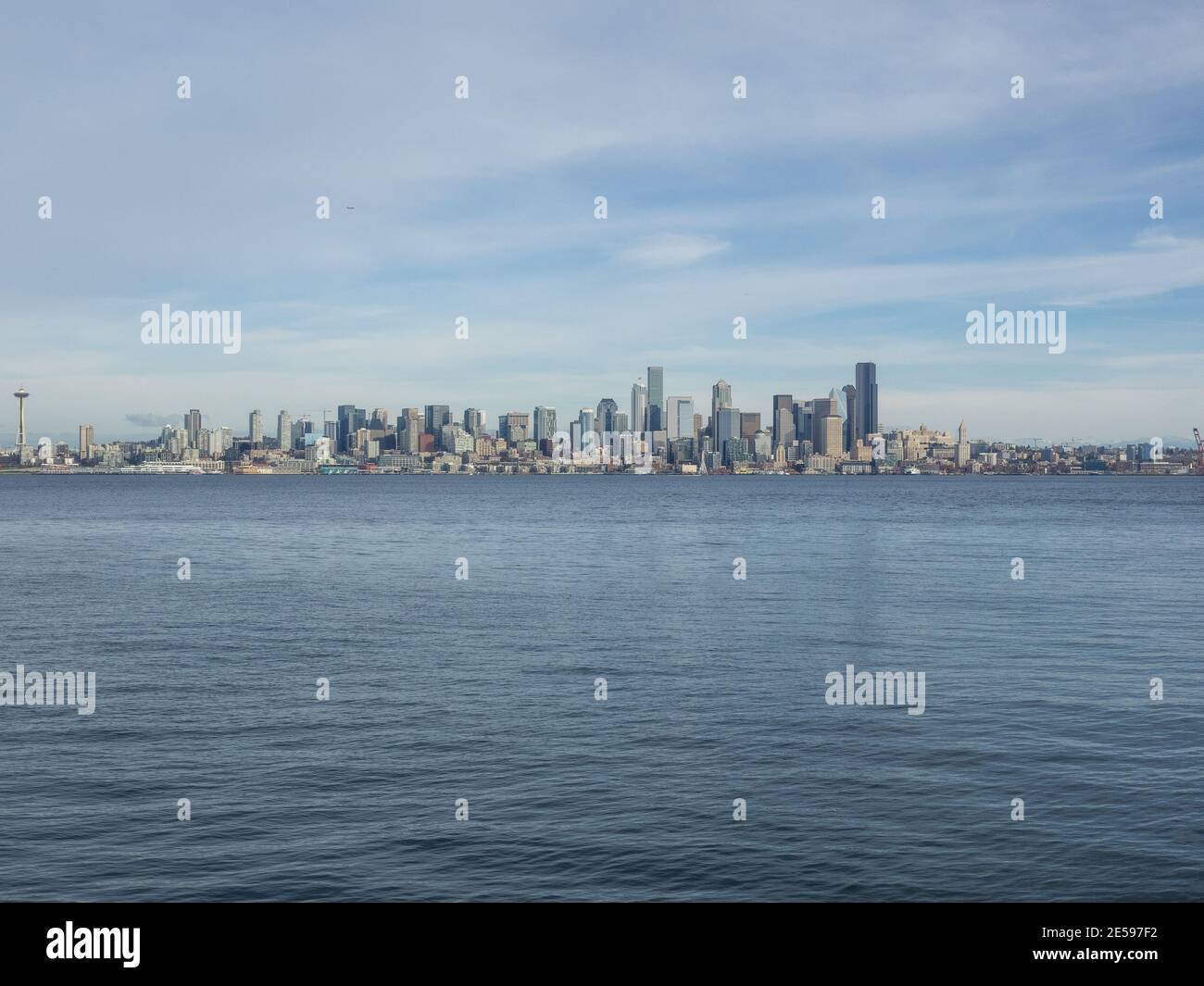 Seattle's waterfront viewed across Puget Sound from Alki Beach Park ...