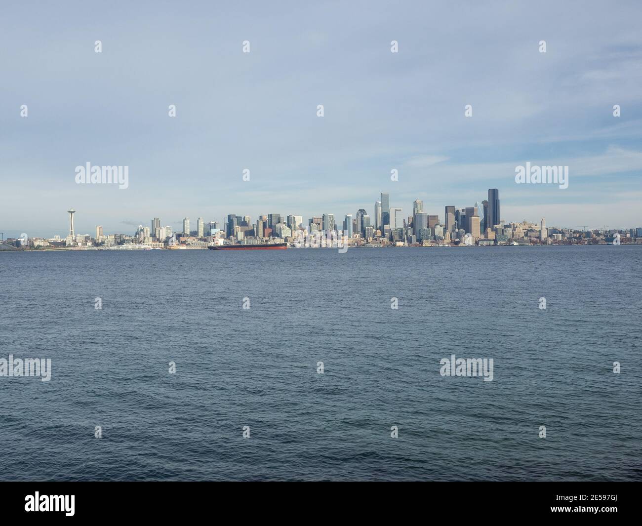 Seattle's waterfront viewed across Puget Sound from Alki Beach Park ...