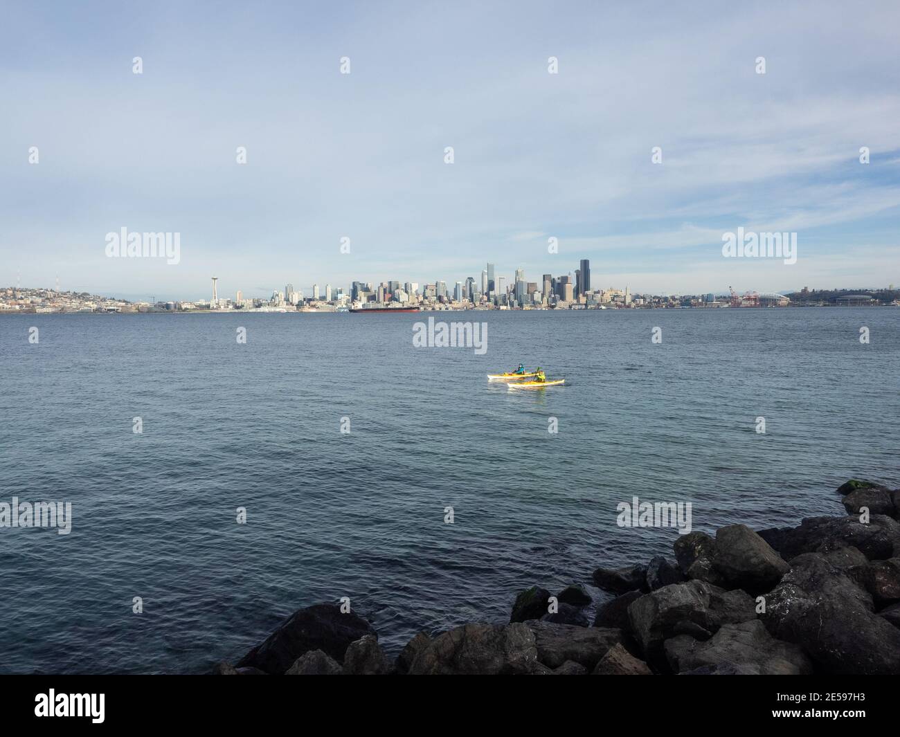 Seattle's waterfront viewed across Puget Sound from Alki Beach Park ...