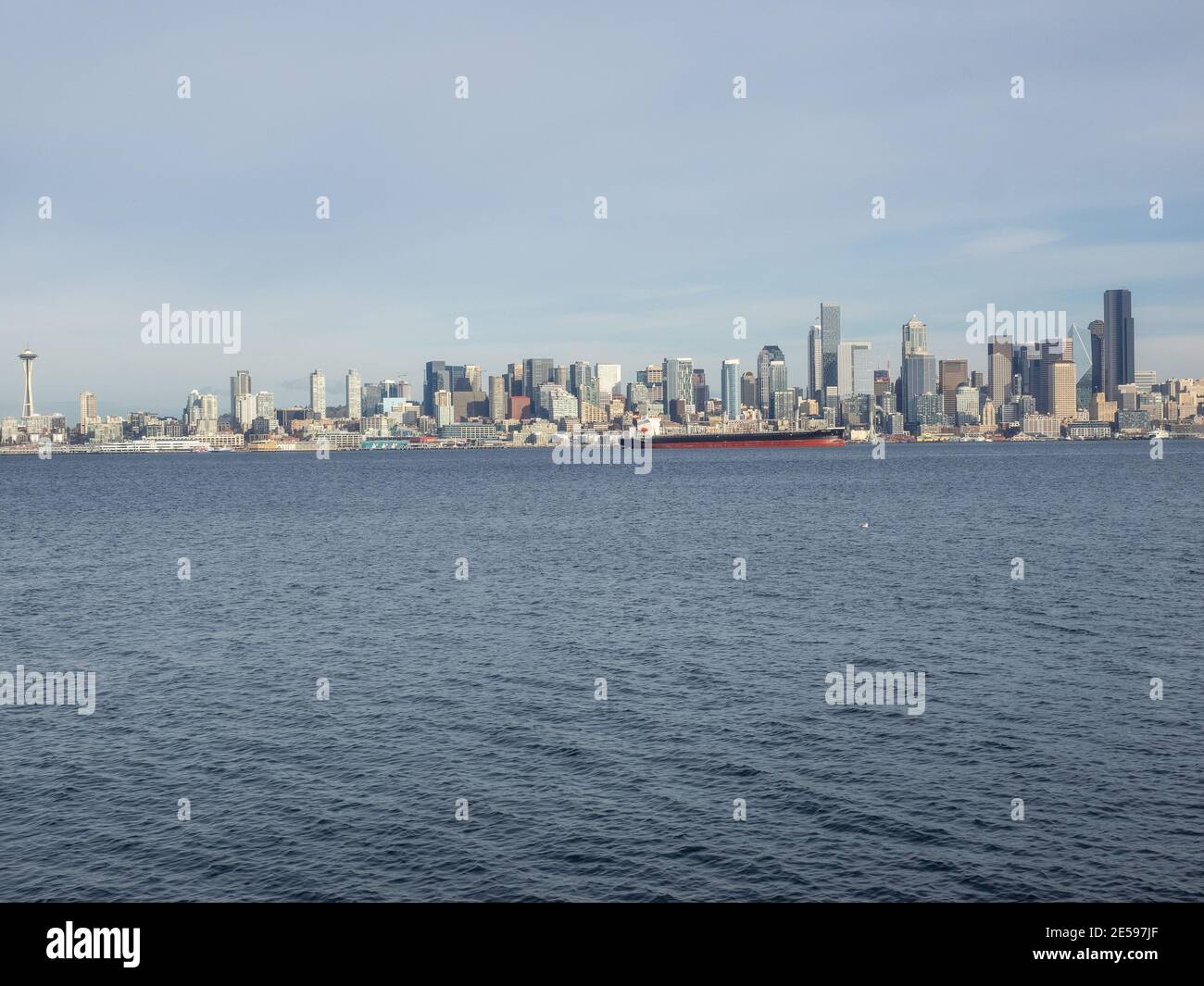 Seattle's waterfront viewed across Puget Sound from Alki Beach Park ...