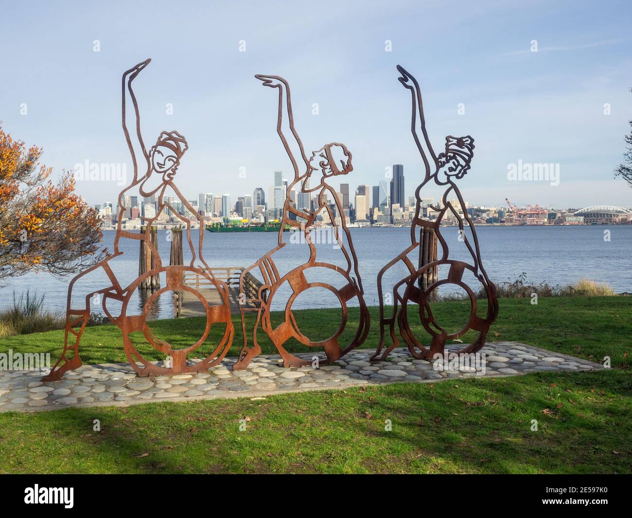 Seattle's waterfront viewed across Puget Sound from Alki Beach Park ...