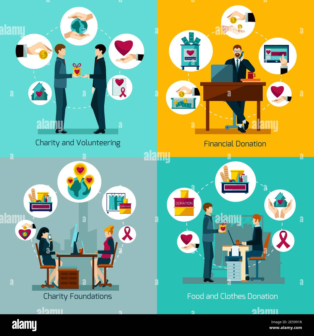 Charity foundations food clothes and money donations 4 flat icons ...