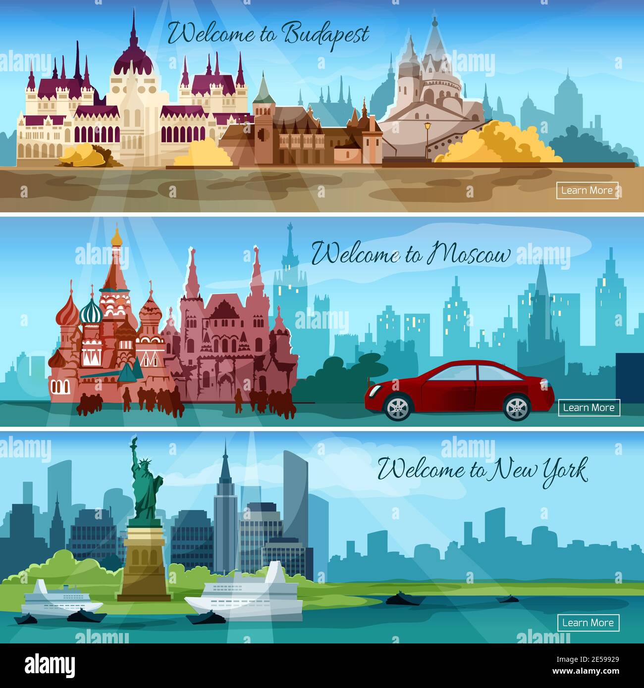 Famous cities horizontal banners set with budapest and moscow tourist ...