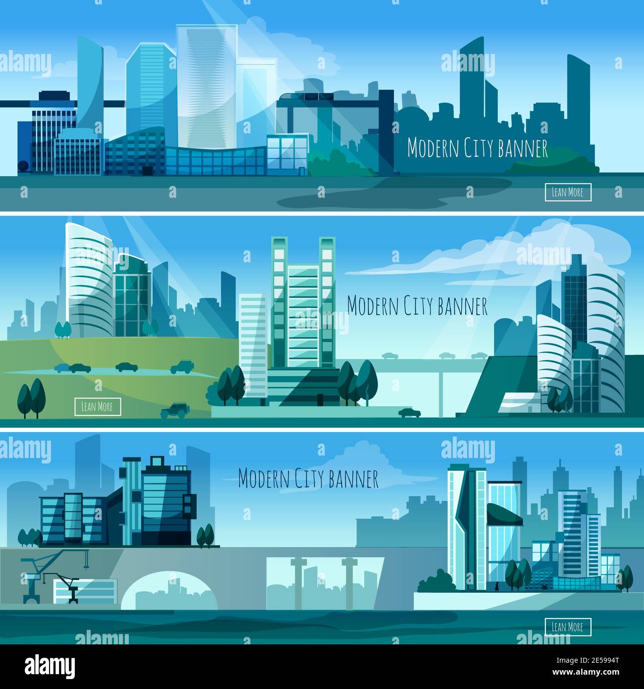 Modern cityscapes horizontal banners set with skyscrapers isolated ...