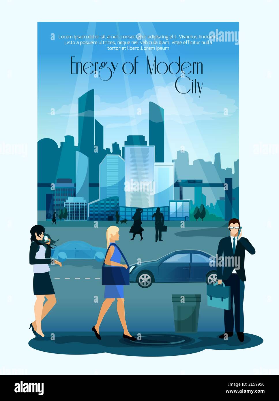 Modern cityscape poster with city people and skyscrapers on background ...