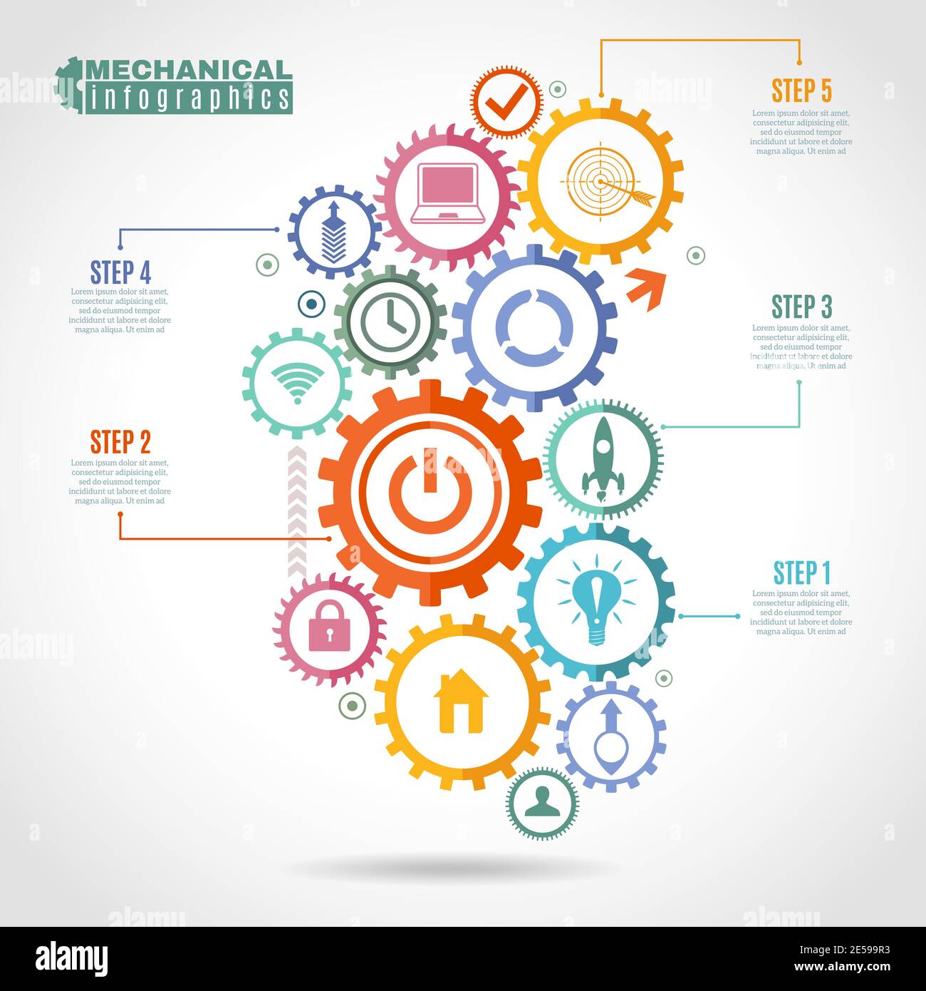 Color mechanism infographic with integrated gears and icons for digital ...